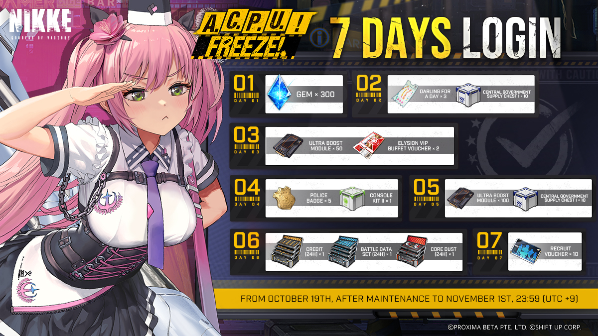 A.C.P.U.! FREEZE! 7 Day Login Event Rewards | Nikke: Goddess of Victory